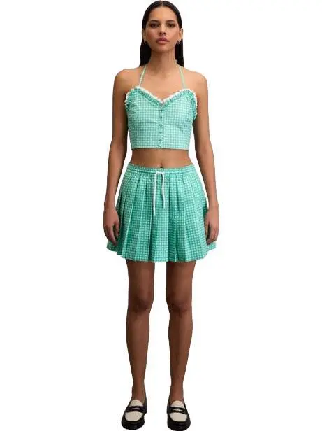 JE TE VEUX Gingham Crop Bustier Top With Lace Trim - Green