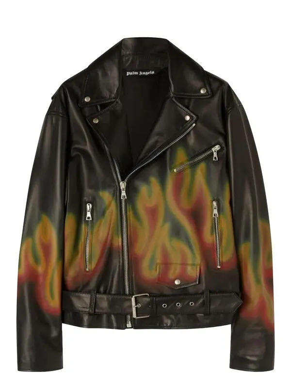 Palm Angels Burning Leather Biker Jacket - Black