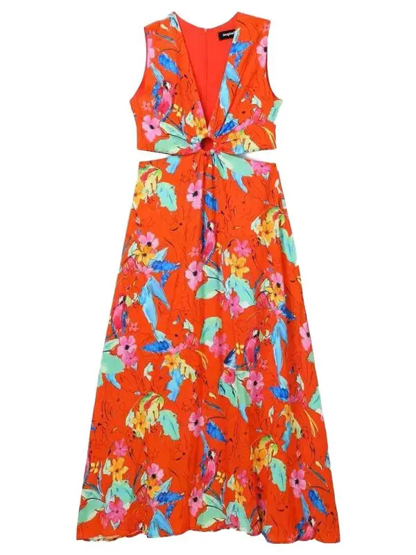 Desigual Floral Print Maxi Dress With Cut-out - Red