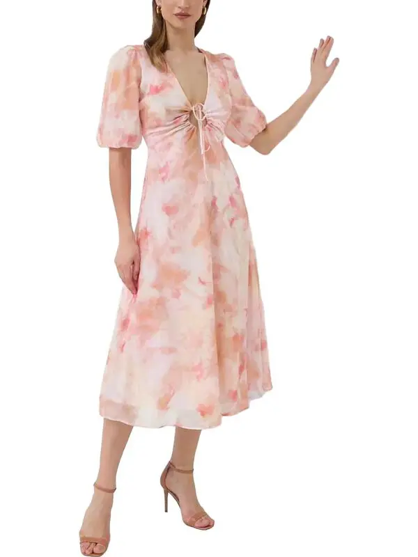Bardot V-neck Midi Dress - Pink
