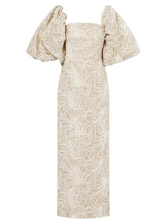 DIMA AYAD Embroidered Woven Maxi Dress - Beige White