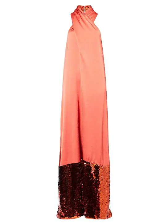 DIMA AYAD Woven Halterneck Maxi Dress With Sequin Hem - Orange