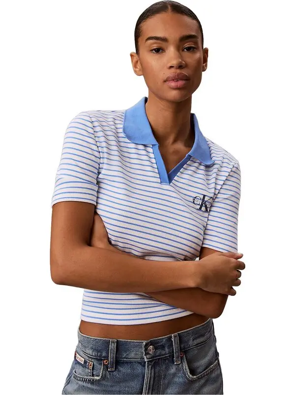 Calvin Klein Monologo Stripe Rib Polo T-shirt - Bright White & Marina Stripe