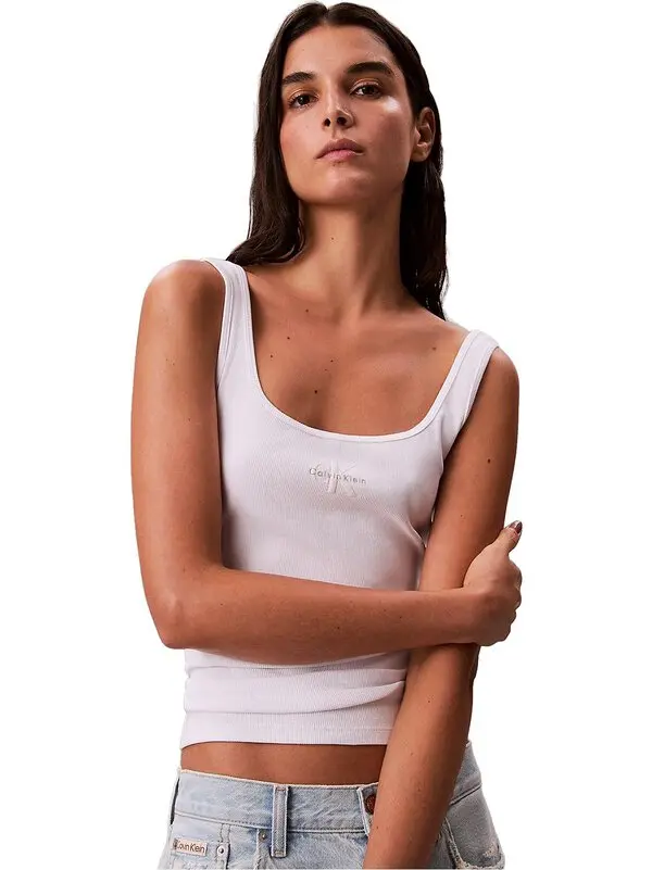 Calvin Klein Monologo Rib Tank Top - Bright White