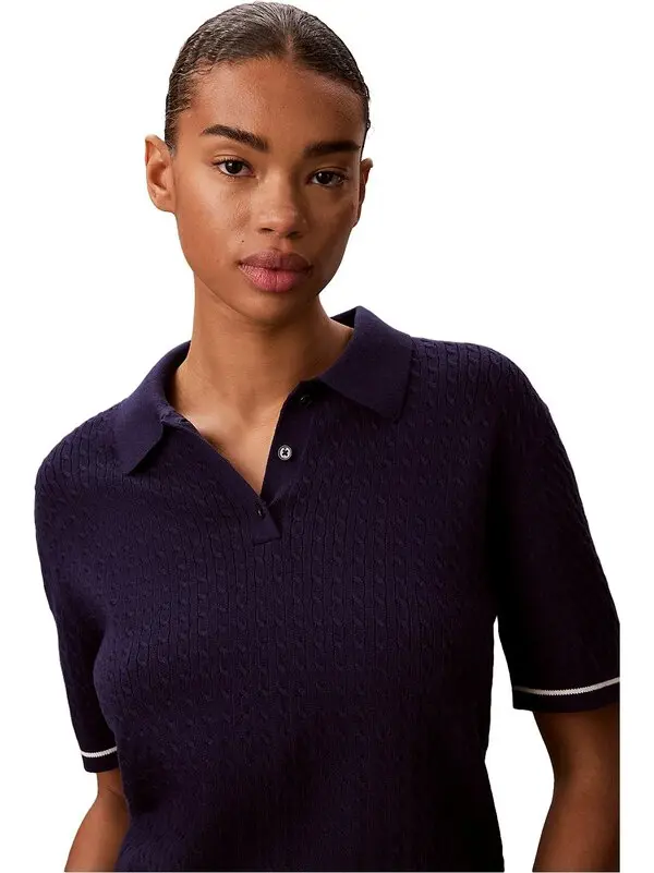 Calvin Klein Woven Monologo Cable Sweater Polo - Evening Blue