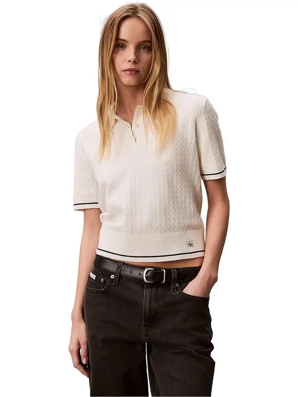 Calvin Klein Woven Monologo Cable Sweater Polo - Tofu