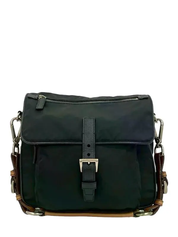 Prada Saffiano Trimmed Tessuto Shoulder Bag - Black
