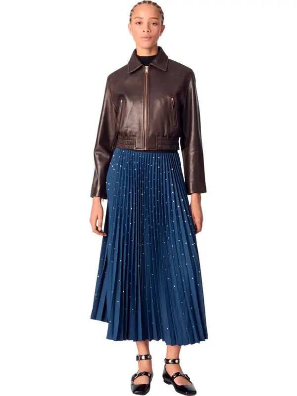 Maje Polyester Long Pleated Skirt With Studs - Blue Jean