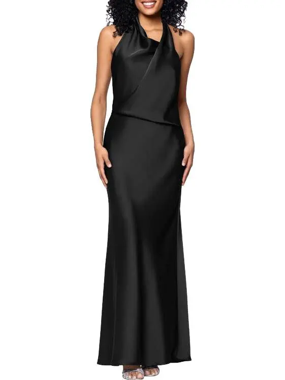 Betsy & Adam Drape Satin Halterneck Gown - Black