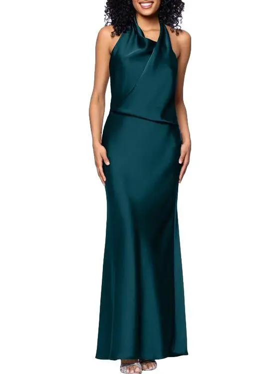 Betsy & Adam Drape Satin Halterneck Gown - Pine