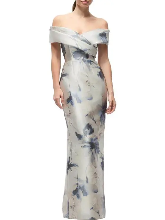 Alfred Sung Constance Off-the-shoulder Column Gown - Ink Wash Blue Floral