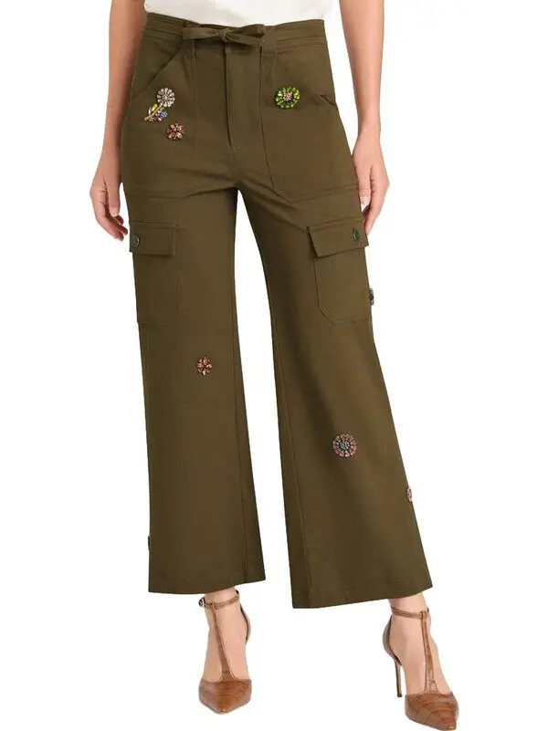 Cinq À Sept Michelle Retro Love Embellished Cargo Pants - Dark Olive Multi