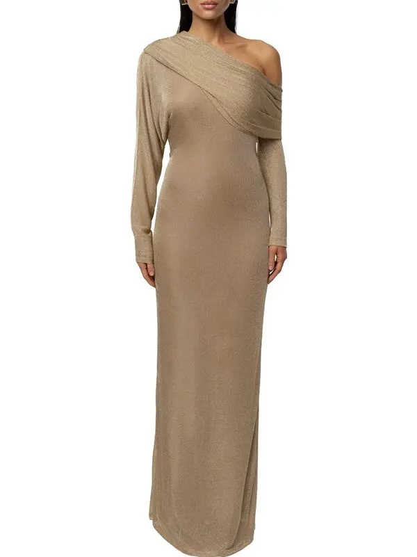JLUXLABEL Drape & Shine Metallic One-shoulder Long Sleeve Knit Dress - Gold