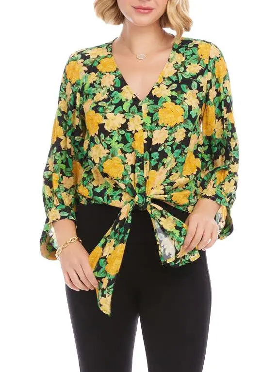 Karen Kane Printed Tie-front Top - Yellow Floral