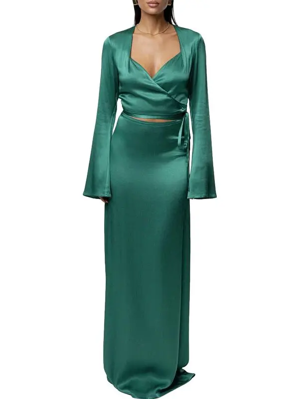 JLUXLABEL Satin Long Sleeve Top And Maxi Skirt Set - Green