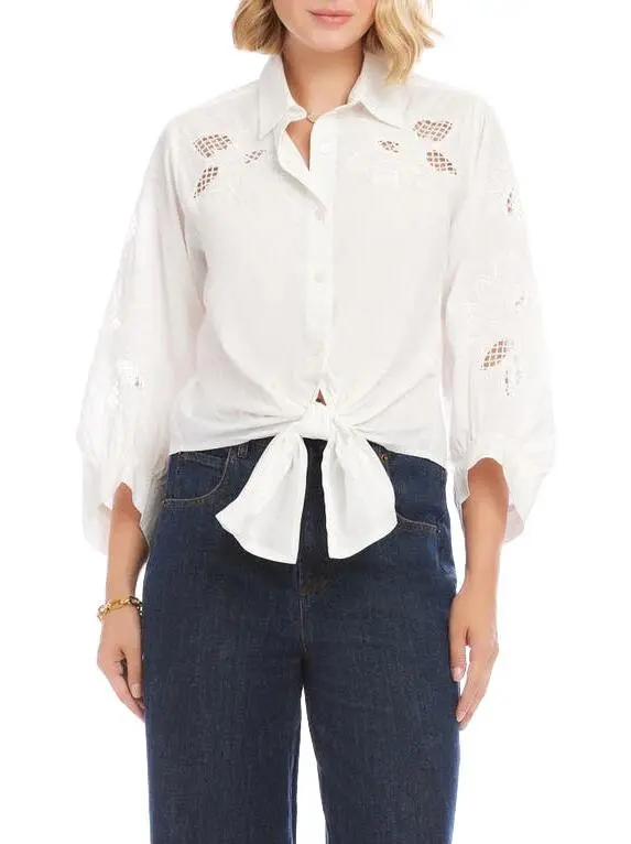 Karen Kane Eyelet Embroidery Tie-front Shirt - White