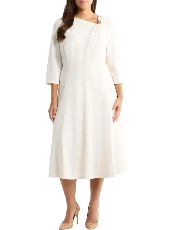 Anne Klein Shoulder Pin Asymmetric Midi Dress - White Dove