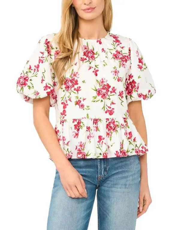 CECE DUPRAZ Floral Print Puff Sleeve Top - Egret