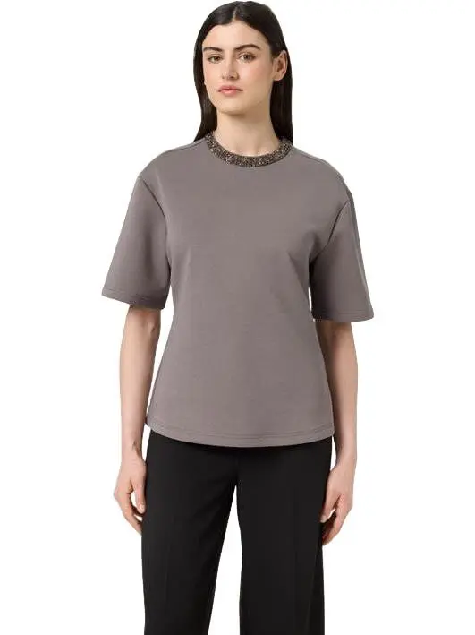 SOAKED IN LUXURY Glitter Embellished Short Sleeve Blouse - Dark Gull Gray