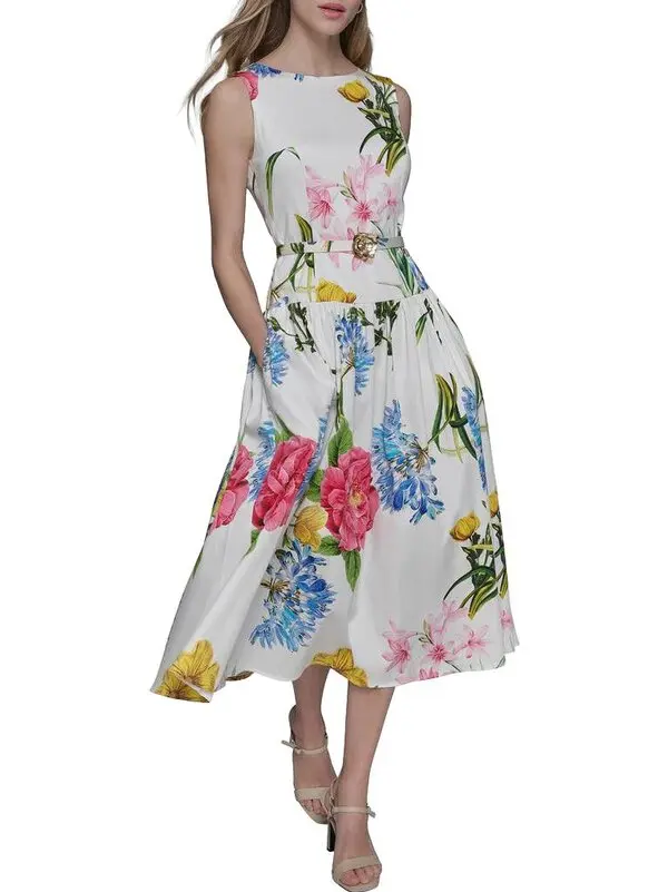 Karl Lagerfeld Printed Cotton Midi Dress - Soft White Multi