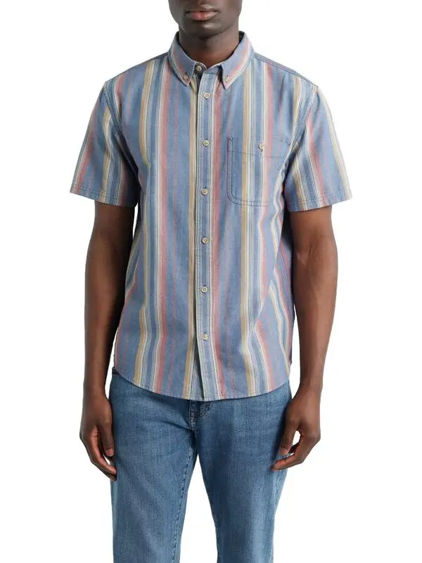 Pendleton Bayside Stripe Short Sleeve Cotton Button-down Shirt - Blue Multi Stripe