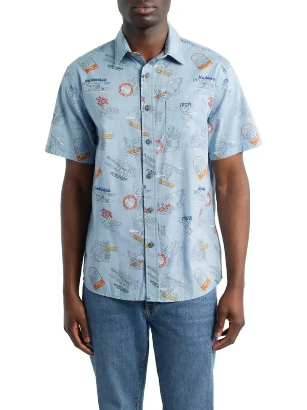 Pendleton Shoreline National Park Print Short Sleeve Cotton Button-up Shirt - National Park Blue