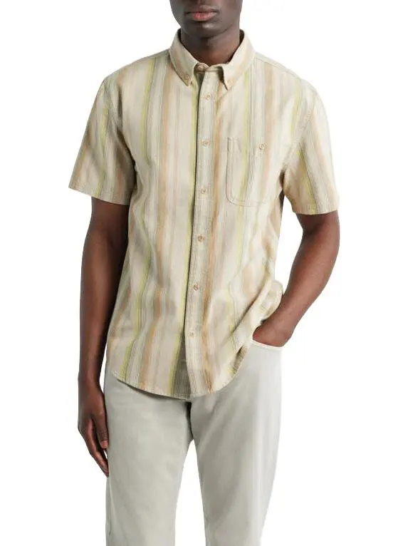 Pendleton Bayside Stripe Short Sleeve Cotton Button-down Shirt - Tan Multi Stripe