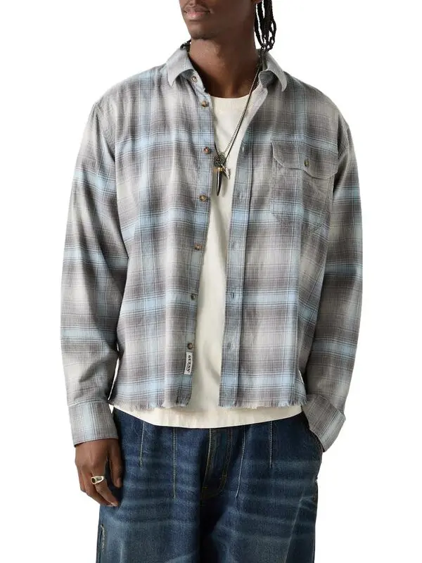 GUESS ORIGINALS Boxy Fit Plaid Crop Flannel Button-up Shirt - Blue/grey