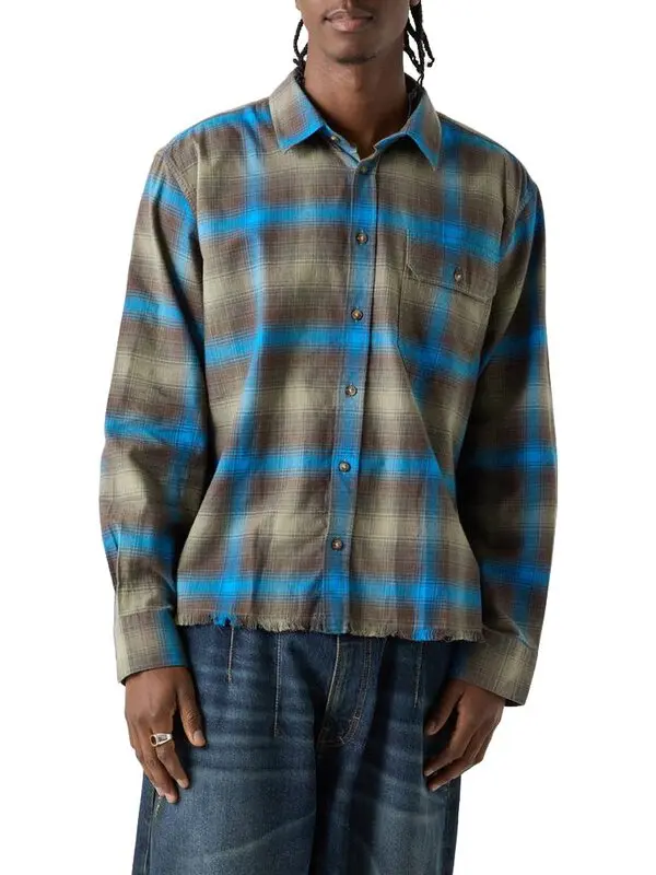 GUESS ORIGINALS Boxy Fit Plaid Crop Flannel Button-up Shirt - Green/blue