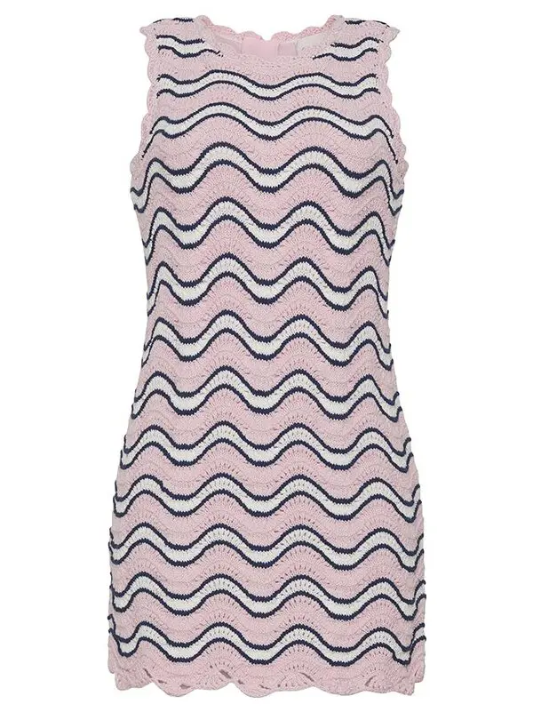 Cara Cara Suzi Mini Dress - Pink & Blue Crochet Wavy Stripe