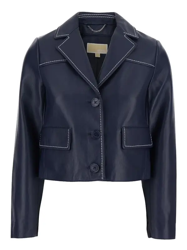 Michael Kors Jacket With Notched Revers In Leather - Blue