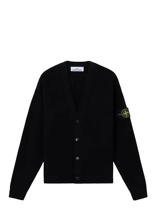 Stone Island V-neck Cotton Ribbed Cardigan - Black