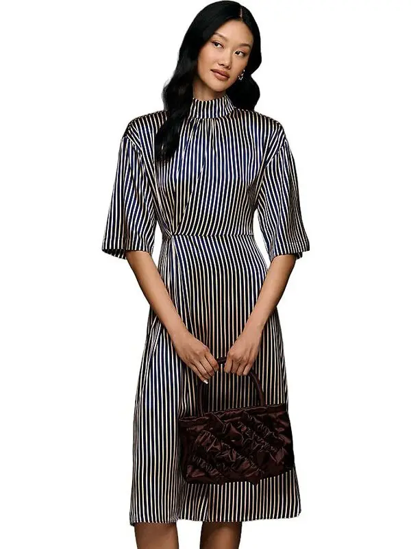 STELLA NOVA Silk Blend Midi Dress - Cream / Blue Stripes