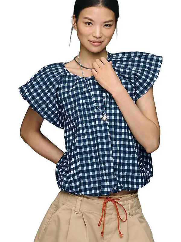 Maeve Textured Puff Sleeve Top - Blue Plaid