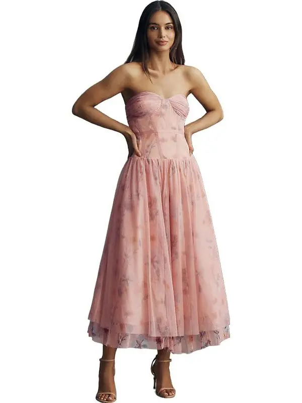 Bhldn Millie Tulle Strapless Sweetheart Drop-waist Midi Dress - Pink Floral