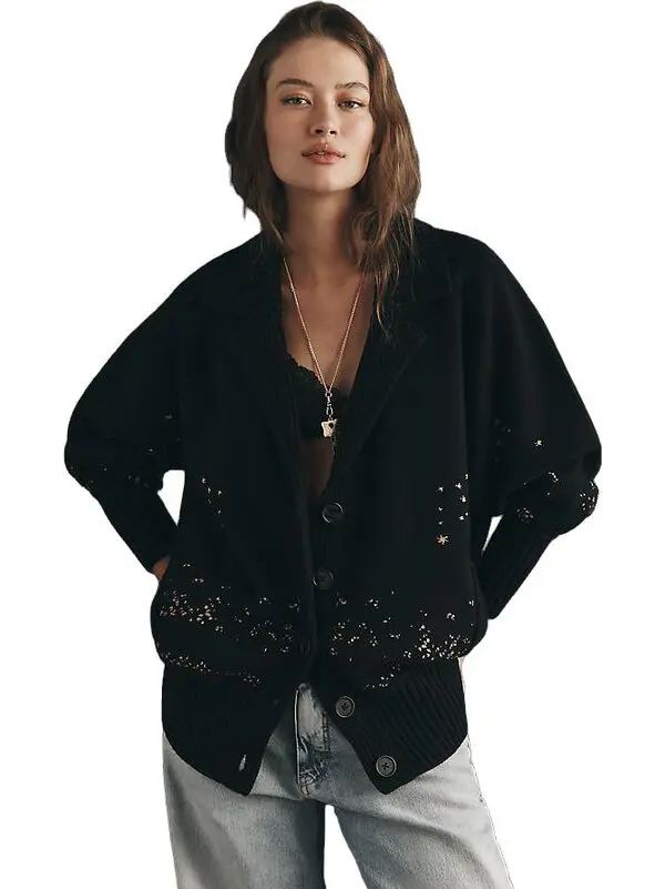Anthropologie Collared V-neck Cardigan - Black Pattern