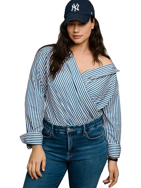 Good American Off-shoulder Tailored Wrap Top - Indigo Stripe