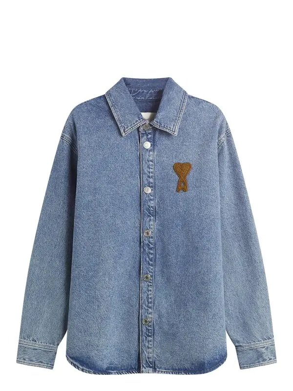 Ami Denim Overshirt With Knitted De Coeur - Bleu Used