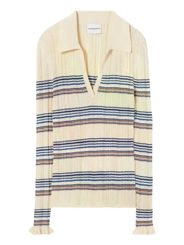 Claudie Pierlot Striped Ruffled Polo Top - Neutrals