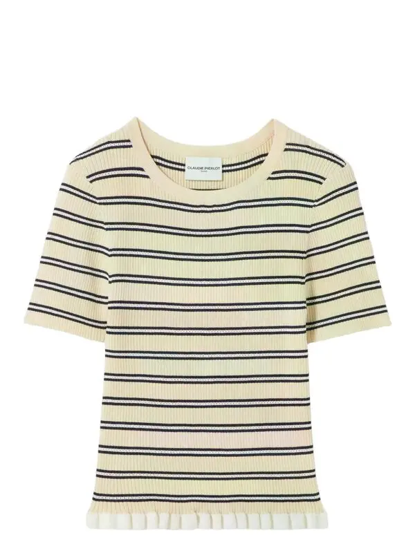 Claudie Pierlot Striped Ruffle-hem T-shirt - Neutrals