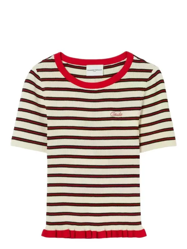 Claudie Pierlot Striped Embroidered-logo T-shirt - Neutrals
