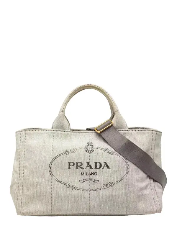 Prada 2013-2025 Denim Canapa Logo Tote Bag - Grey