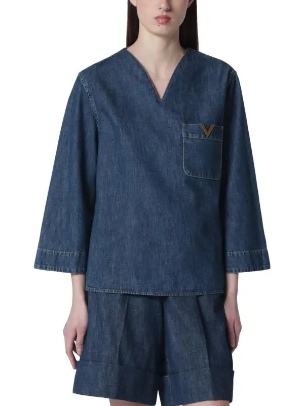Valentino Garavani Denim Shirt With Gold V Detail - Blue