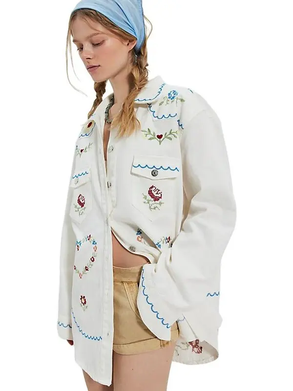 DENIM AND BONE Embroidered Oversized Button-down - Ivory