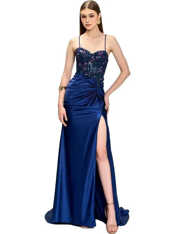 BARIANO Nahdia Beaded Sequin Gown - Navy