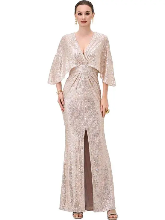 BARIANO Oprah Cape Sequin Gown - Nude/copper