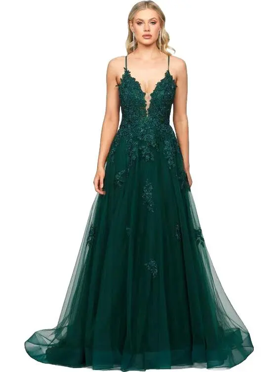 BARIANO Alie Plunging Ball Gown - Dark Green
