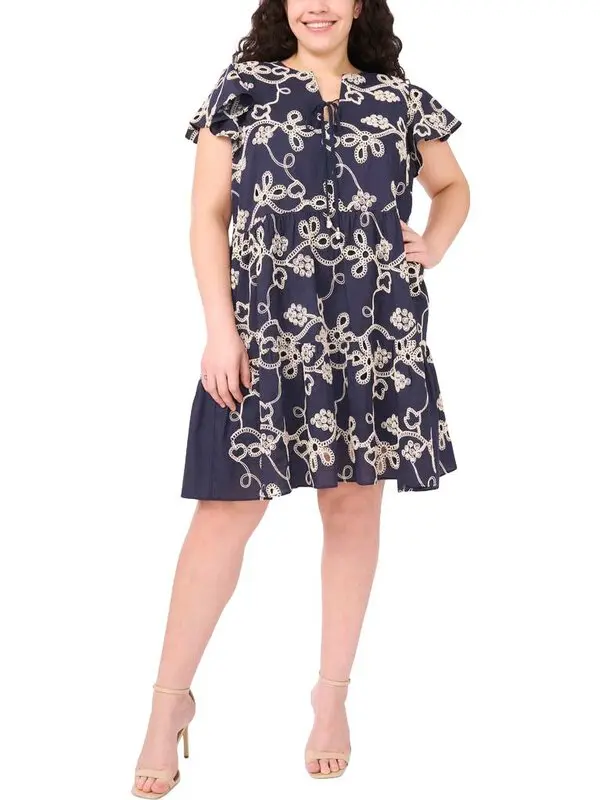 CECE DUPRAZ Embroidered Flutter Sleeve Dress - Night Shade
