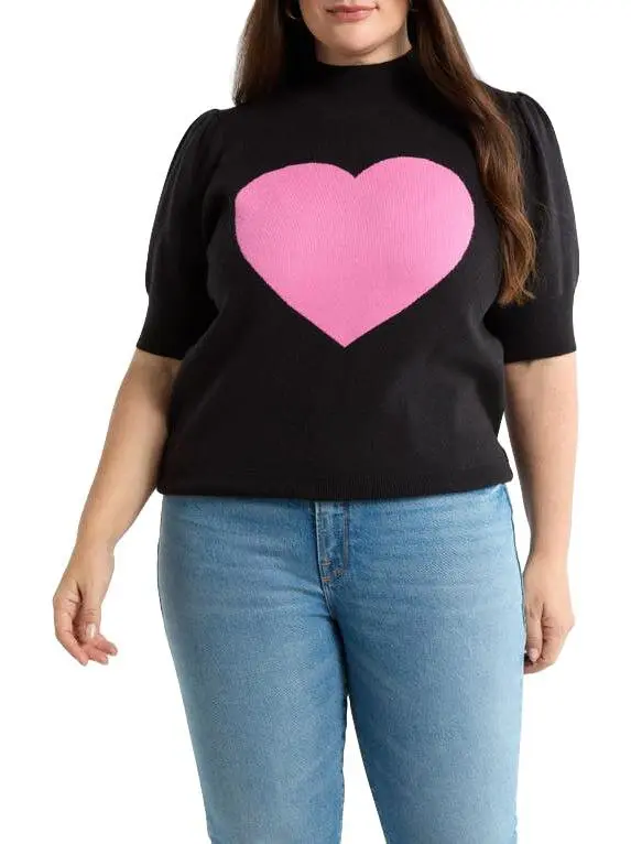 SUGARLIPS Heart Puff Sleeve Sweater - Black-pink