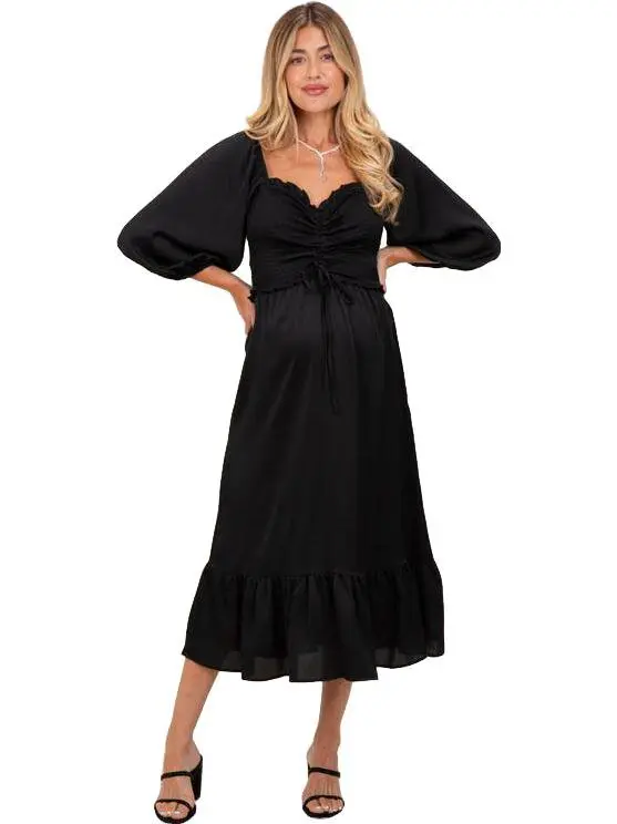 PINKBLUSH Satin Smocked Cinched Bust Midi Dress - Black